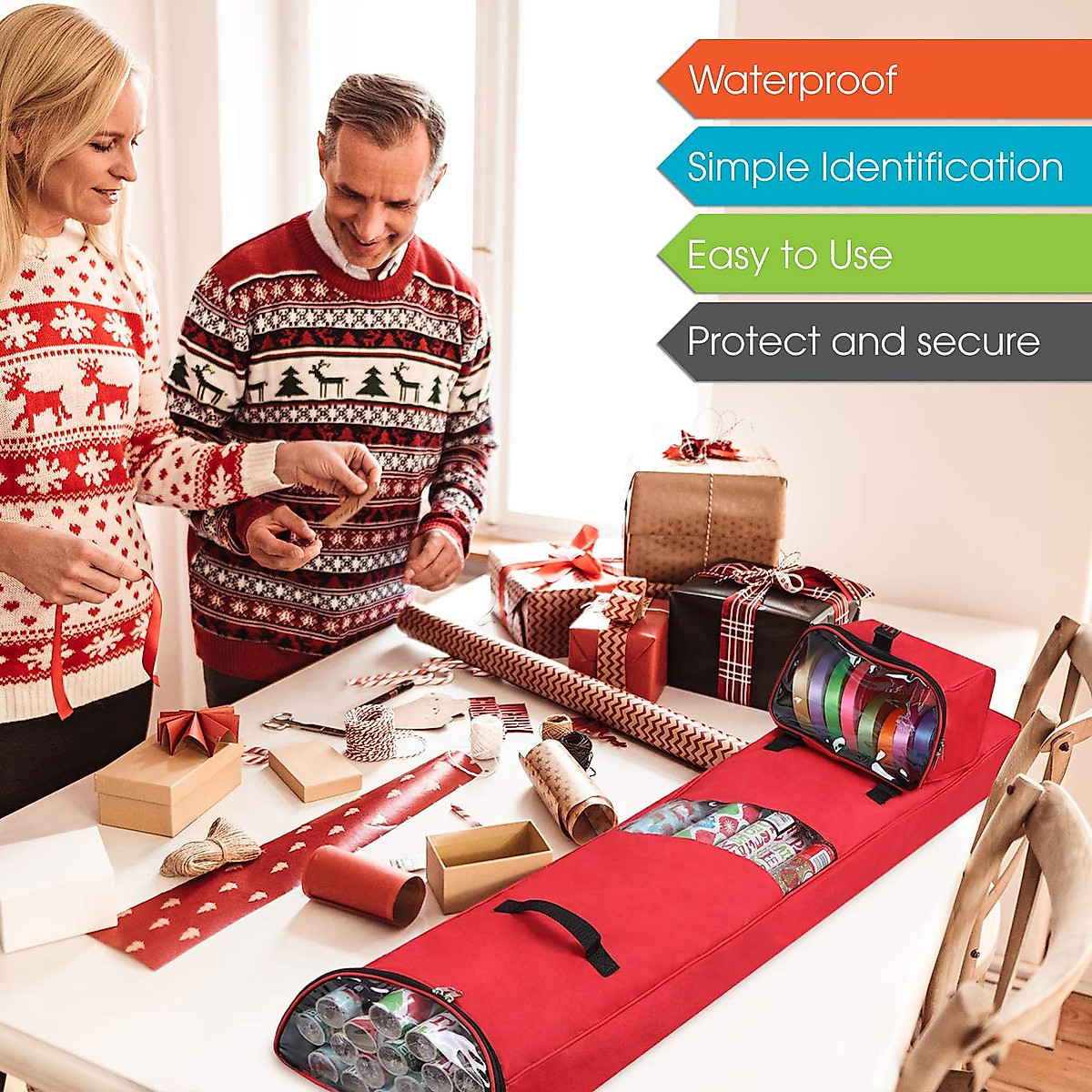Primode Long Wrapping Paper Storage Bag Hanging | Heavy Duty Christmas Gift Wrap Storage Organizer with Detachable Accessory Tote Durable 600D Oxford (2PC Gift Wrap Case Set) 48"x 10"x 5" (Red)