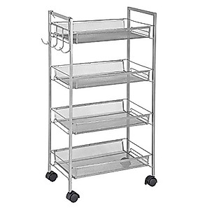 Greenway 4-Tier Mobile w/Side Hooks Storage Cart, Silver