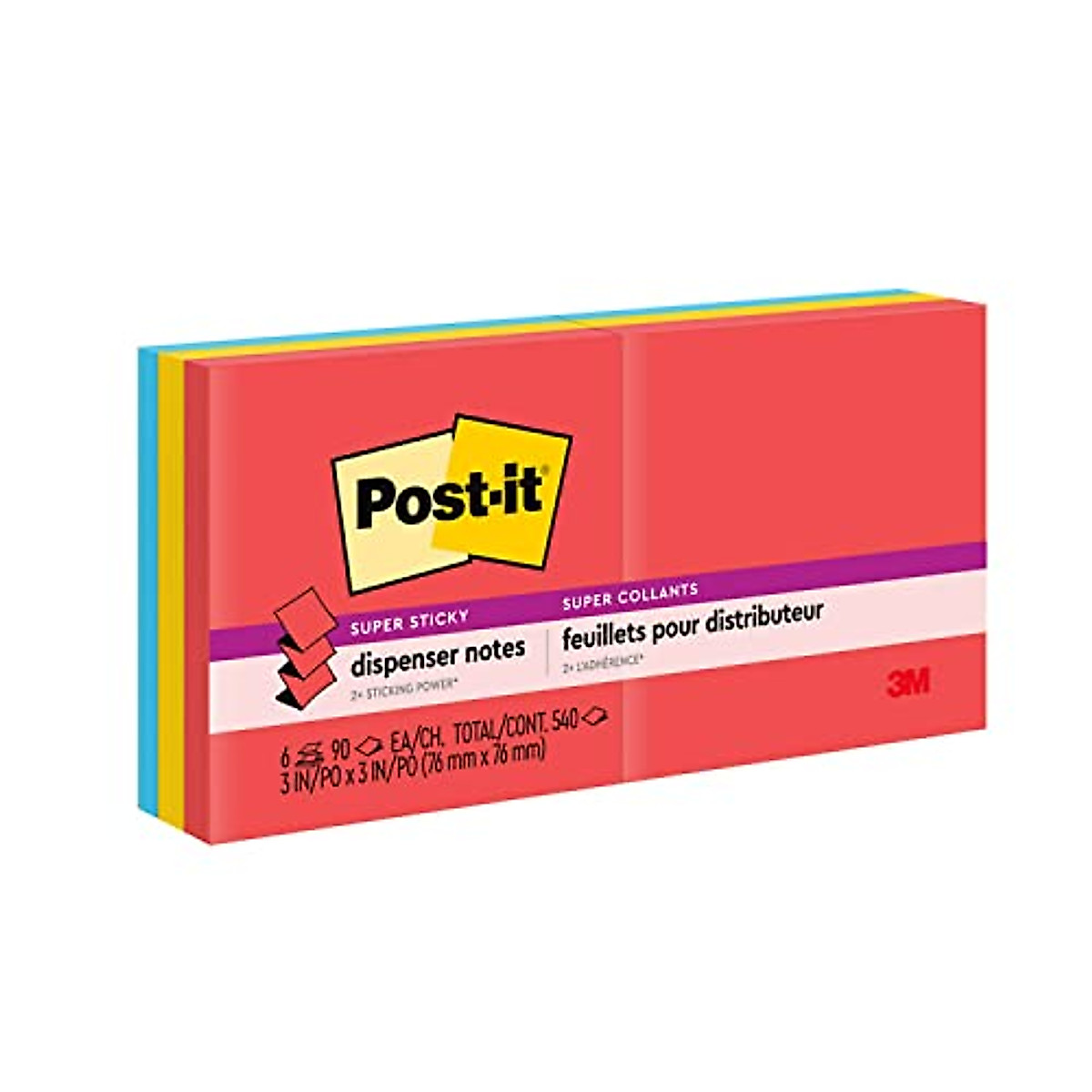 Post-it Super Sticky Pop-upNotes, 3x3 in, 6 Pads, 2x the Sticking Power, Playful Primaries, Primary Colors (Red, Yellow, Green, Blue, Purple), Recyclable (R330-6SSAN)