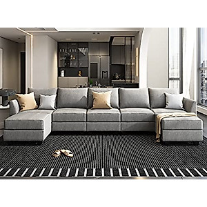 HONBAY Modern Fabric Corner Sectional Sofa Modular Sectional Couch with Ottoman U Shape Sofa 7 Seater Couch with Storage for Living Room, Grey