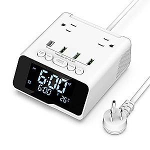 Alarm Clock with USB Ports, BTU Digital Alarm Clock Power Strip Surge Protector with 2 AC Outlets, 4 USB Ports, 6FT Power Cord, Adjustable Brightness and Snooze Function for Bedroom, Hotel