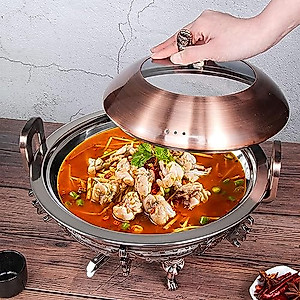 Round Chafing Dish Set for Wedding Banquets Party, Stainless Steel Chafing Buffet Server Warming Tray, with Food Pan, Frame, Lid and Fuel Holder (Color : Red Copper, Size : 30cm)