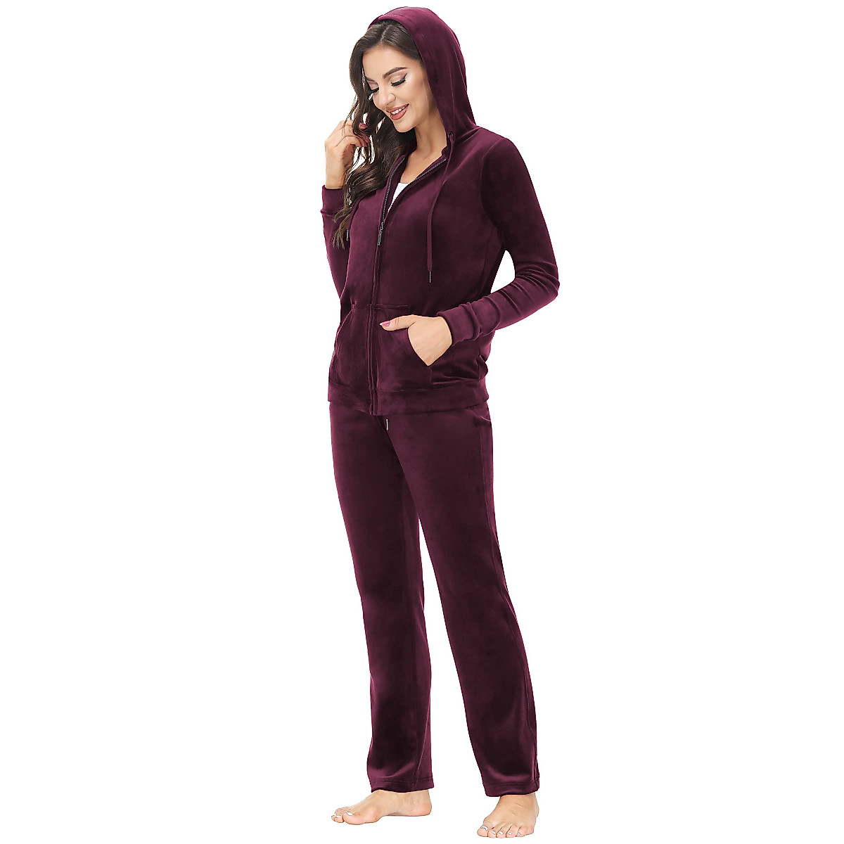 ANOTHER CHOICE Velour Tracksuit Women 2 Piece Zip-Up Velvet Sweatsuits Hooded Soft Jogging Set(Wine,Small)