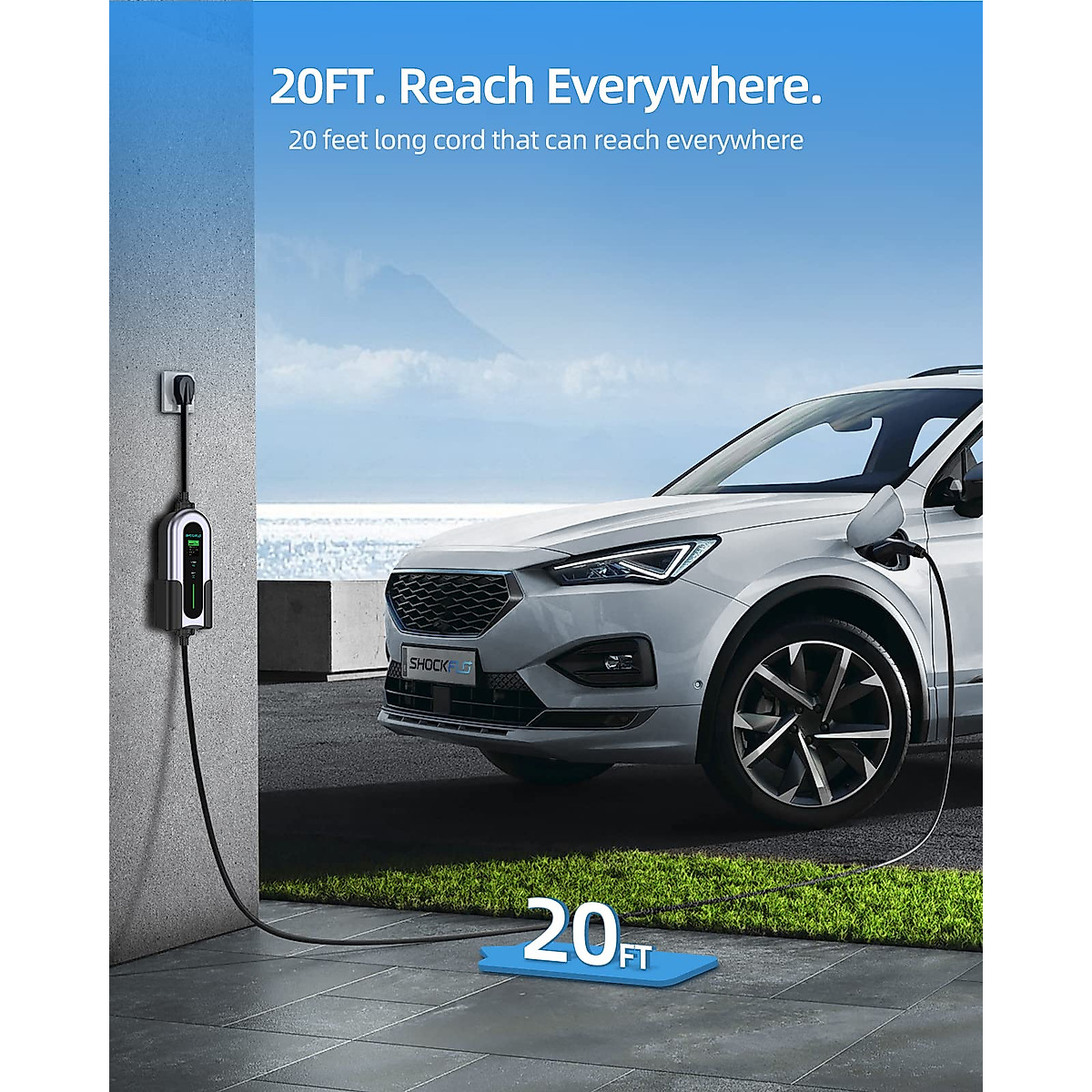 ShockFlo G1 Level 2 EV Charger (40Amp, 240V, NEMA 14-50P), Wall-Mounted EVSE SAE J1772 EV, Portable Electric Vehicle Charger with Adjustable Current/Timing Delay, Plug-in Home EV Charging Station