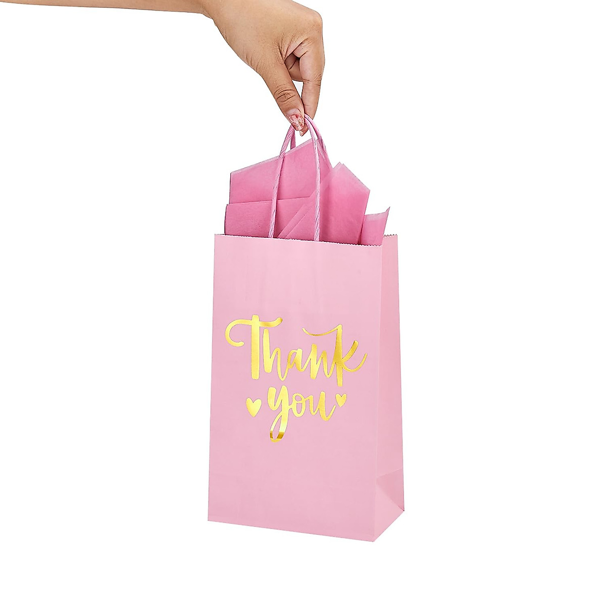 DjinnGlory 50 Pack Small Pink & Gold Foil Thank You Paper Gift Bags with Handles 9''x5.5''x3.15'' and 50 Tissue Paper for Mother's Day Wedding Bridal Baby Shower Birthday Princess Party Supplies