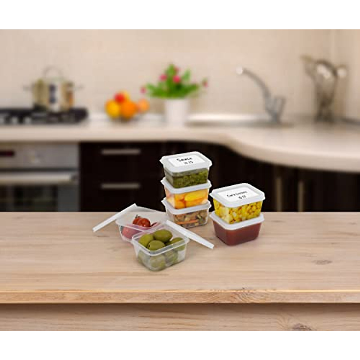 ZENVY 50 Pack Mini Reusable 2oz Containers | Includes 50 Plastic 2oz Food Containers and Lids | For Sauces, Dips, Crafts & More (White, Rectangle)