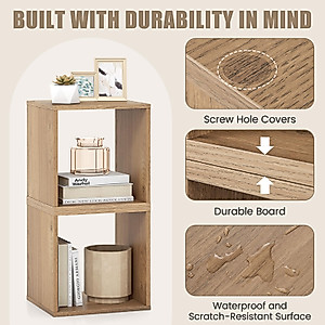 LOKO Stackable 2 Cube Storage Organizer, Freestanding Cubby Storage Bookcase with Anti-toppling Device, 2-Tier Bookshelf, Combinable Record Player Stand for Living Room Bedroom Study (1, Natural)