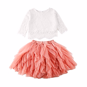 Goelsakurara 2PCS Kids Baby Girl Lace Hollow T-Shirt Tops+Tutu Skirt Toddler Ruffle Layers Dresses Outfits Birthday Party Pink, 3-4T