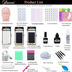 Lash Eyelash Extension Kit, Missicee False Eyelash Grafting Training Tool Kit For Beginners Eyelashes Extensions Practice with Flat Mannequin Head Individual Lashes Tweezers