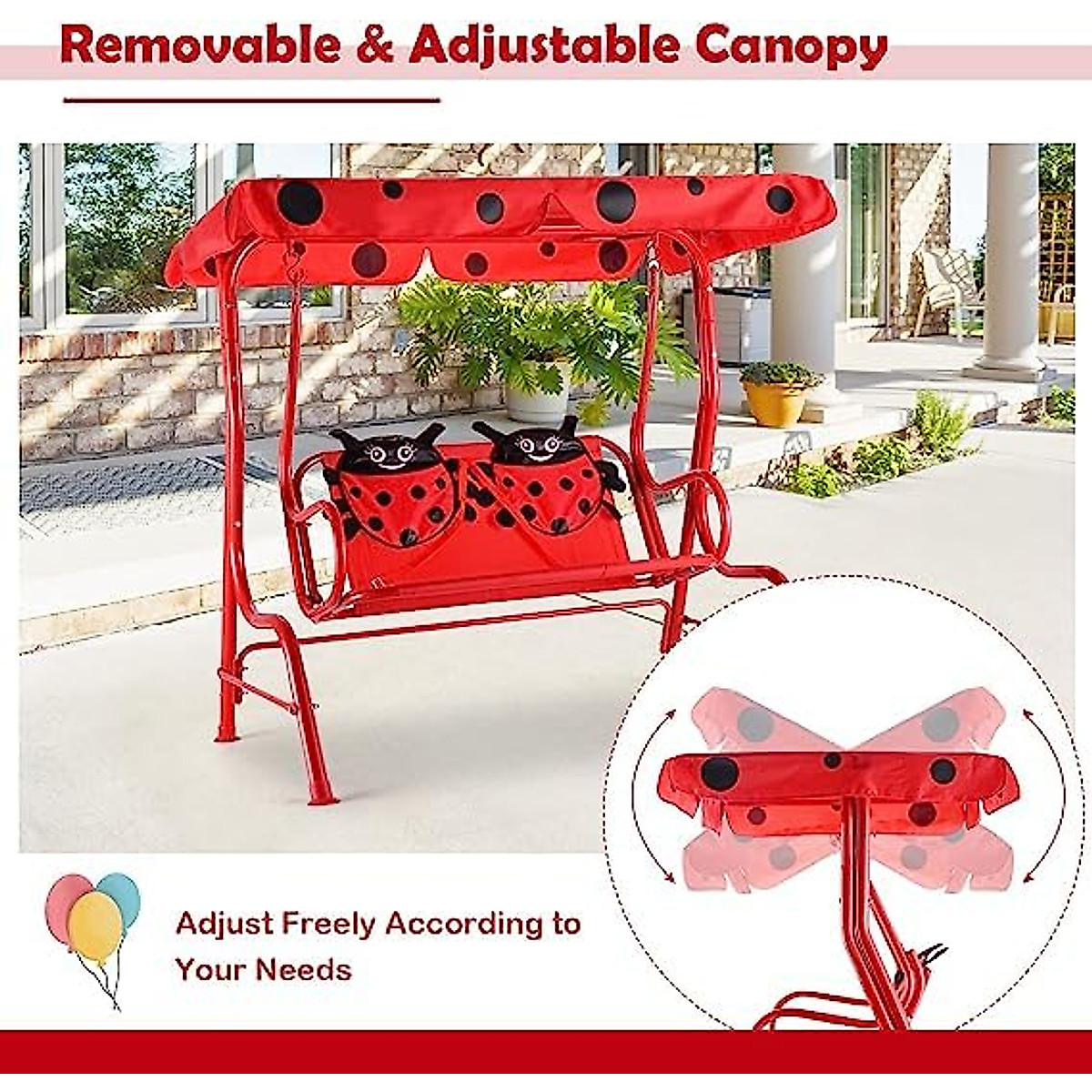 Fireflowery Kids Patio Swing, 2-Seater Outdoor Hanging Swing Bench w/Removable Canopy & Safety Belt, Porch Swing Lounge for Patio Garden Balcony Yard (Red Beetle)