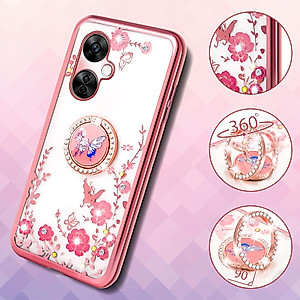 nancheng for OnePlus N30 5G Phone Case, Case for OnePlus Nord N30 5G (6.72-inch) Cute Soft Silicone Pink Cover for Girls Women with Diamond Ring Kickstand Shockproof Protection Case - Rose Butterfly