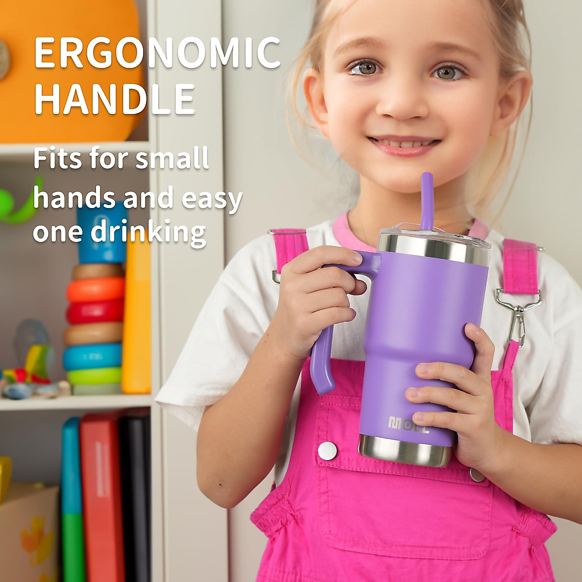 Mollcity Insulated Tumbler with Handle 16 oz Stainless Steel Double Wall Vacuum Tumbler Travel Water Cup with Lid and Straw, BPA Free (Purple)