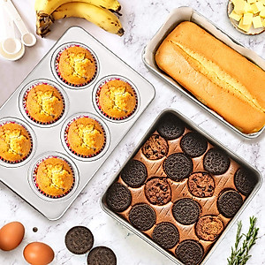 E-far Stainless Steel Bakeware Set, Metal Baking Pan Set of 9, Include Round/Square Cake Pans, Rectangle Baking Pan with Lid, Loaf Pan, Muffin Pan, Cookie Sheet with Rack, Dishwasher Safe