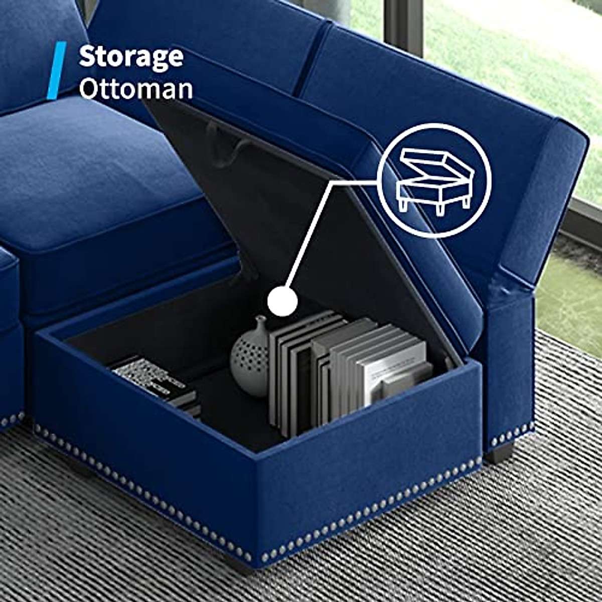Mjkone Velvet Modular Sectional Sofa with Adjustable Armrest and Backrest for Living Room，U Shaped Couch 6 Seater Convertible Sectional Couch with Indidual Storage Ottoman -Velvet Blue