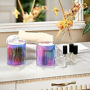 4 Pack Qtip Holder Dispenser Rainbow Tie Dye Iridescent Dharma Dye Cotton Ball Cotton Swab Cotton Round Pads Floss Clear Bathroom Storage Containers Plastic Apothecary Jars with Lids