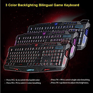 HJJWL Gaming Keyboard and Mouse, Backlit Mouse Keyboard Set, Three-Color Backlit Keyboard,Ergonomic Design，Seven Key Colorful Glowing Gaming Mouse, Up to 3200dpi