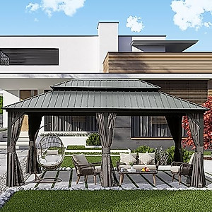 Domi 12' X 18' Hardtop Gazebo, Aluminum Metal Gazebo with Galvanized Steel Double Roof Canopy, Curtain and Netting, Permanent Gazebo Pavilion for Patio, Backyard, Deck, Lawn