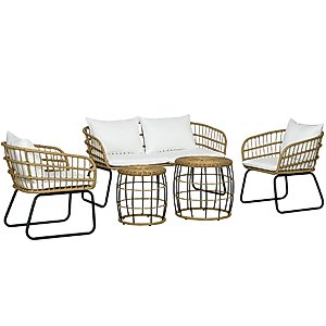 Outsunny 5 Piece PE Rattan Outdoor Furniture Set with Cushioned Chairs & Loveseat Sofa, Patio Sectional Furniture Set, Conversation Sofa Set with Stackable Coffee Tables, Cream White