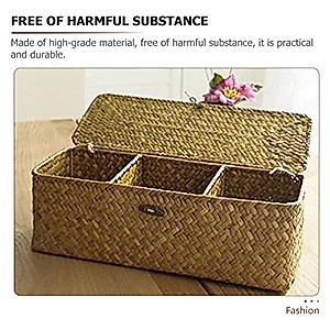 Cabilock 3 Compartment Storage Basket with Lid Hyacinth Baskets for Storage with Lid Rectangular Seagrass Baskets Straw Storage Basket Organizer Bins Wicker Baskets for Organizing