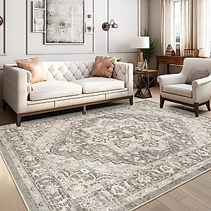 Pauwer Boho Area Rug 5x7, Large Washable Area Rugs for Living Room, Soft Vintage Bedroom Rug Carpet, Farmhouse Non Slip Low-Pile Throw Area Rugs for Dining Room Entryway Dorm, Natural Brown Sage