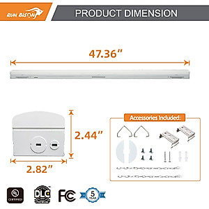 Run Bison 4FT LED Linear Strip Light, 120V-277V, 34/38/45W 4420/4940/5850LM, 3CCT Selectable, Flush Mount 0-10V Dimmable Commercial Grade LED Strip Light Fixture for Warehouse, UL Listed - 2PK