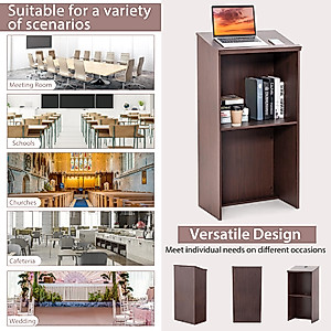 Tangkula Floor Standing Podium, Wooden Speaking Lectern Hostess Stand with 2-Tier Shelves & Dual Cable Holes, Standing Lectern Desk for Meeting Room, School, Churches, Auditorium, Classroom