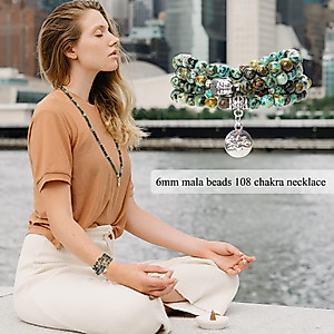 Bivei 108 Mala Beads Necklace Beaded Wrap Bracelets Genuine Gemstone Mala Prayer Beads Lotus Charm Yoga Meditation Necklace - -Amazonite