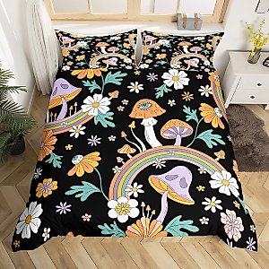 Erosebridal Trippy Mushroom Duvet Cover Queen Groovy Floral Bedding Set Cute Rainbow Comforter Cover with Zipper Closure Two Groovy Party Boho Hippie Mushroom Bed Sets Retro Party Decorations Bedding