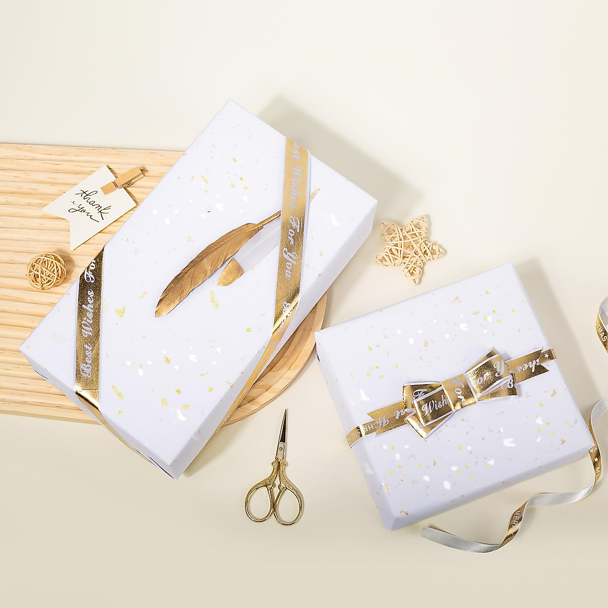 Flyhill Mini Roll Wrapping Paper-17inch*16.5ft（23.4sq.ft.ttl-White Gold Snowflake Foil Design with Smooth for Christmas,Birthday,Holiday,Wedding,Baby Shower