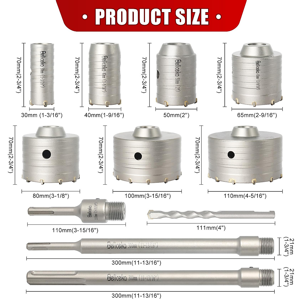 Zeliceka 17PCS Concrete Hole Saw Kit with SDS Plus & Max Shank, Kit Size 30 40 50 65 80 100 110 MM, Concrete Hole Saw Set for Concrete Brick Stone Cement Wall