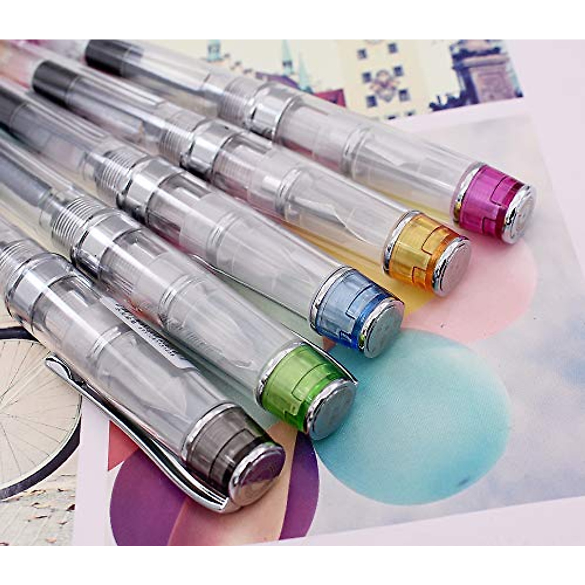 Lanxivi 5 PCS Yongsheng 3003 Fountain Pen Set Demonstrator Transparent Fine Nib with Ink Refill Converter, Perfect for Signature, School, Executive Business