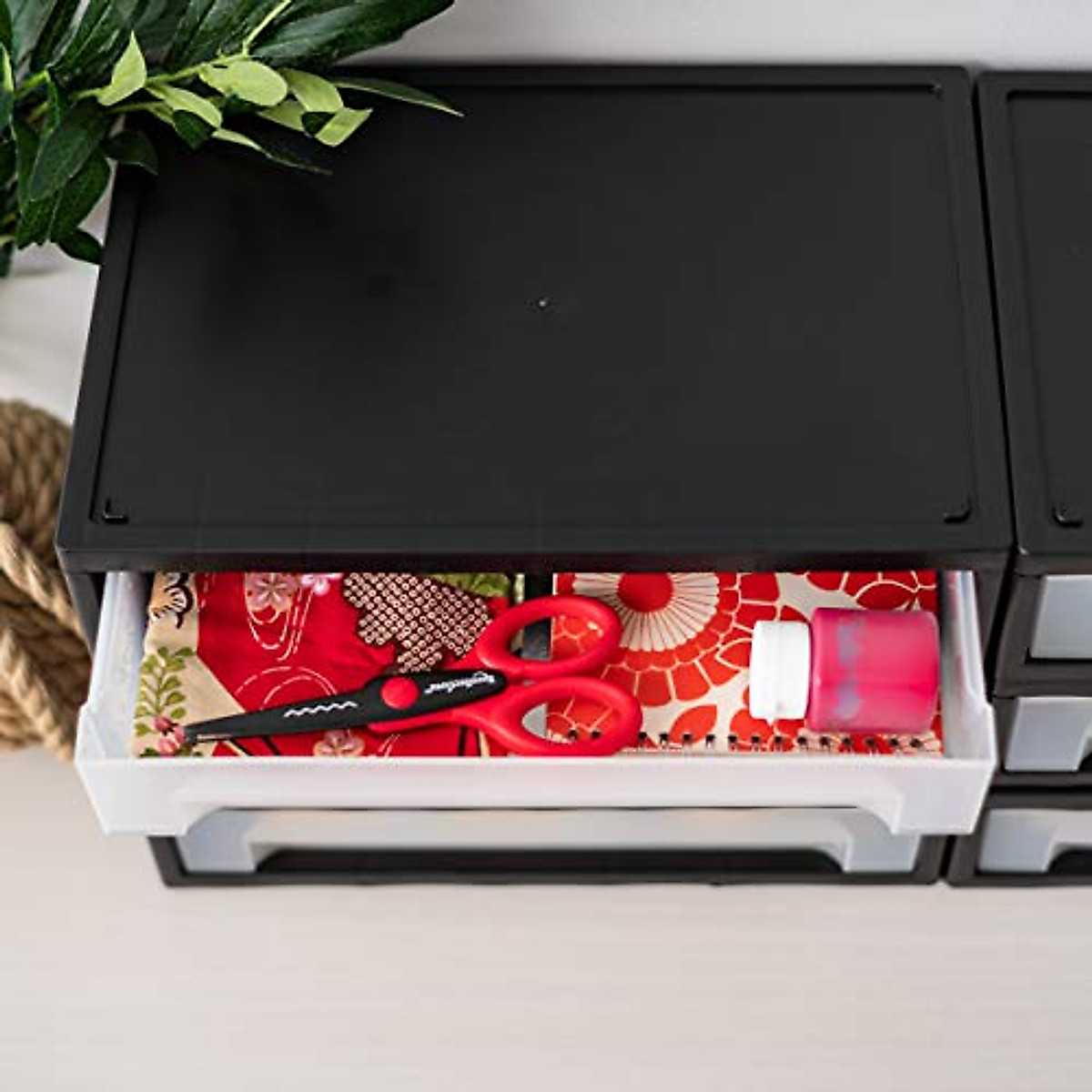 IRIS USA Medium Desktop Stacking Drawer, 6-Pack, Sliding Plastic Drawer Storage Container for Stationery Art Craft Supplies Fabric Tools Kitchen Pantry Office and Garage Organization, Black