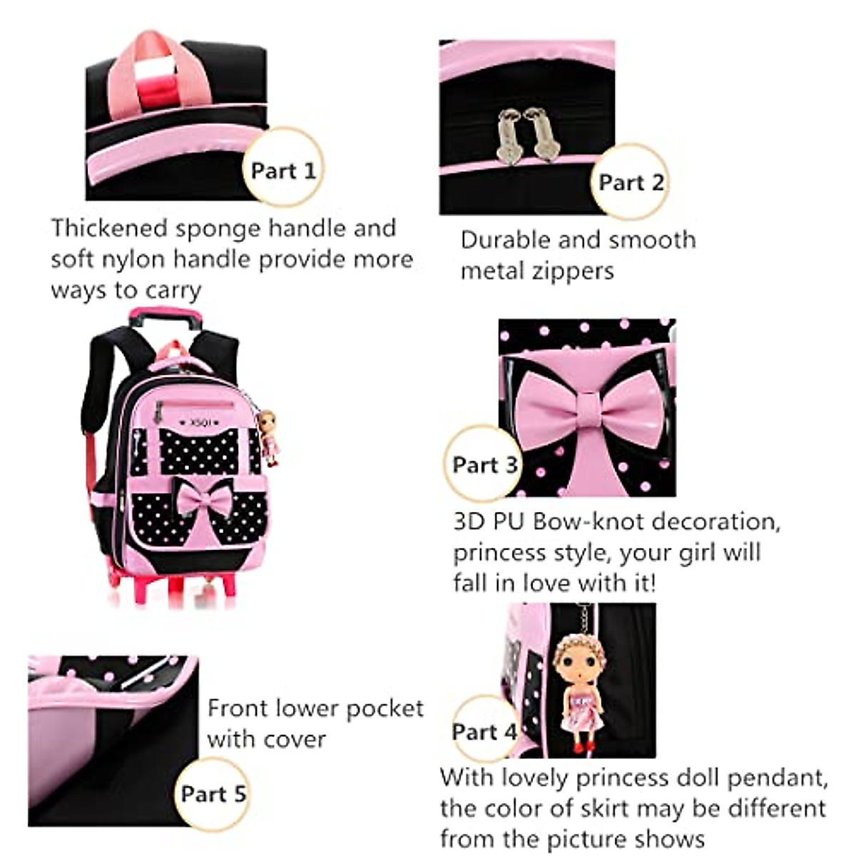 Bowknot Kids Rolling School Backpack 2Pcs Polka Dot Princess Style Trolley Bookbag on Two Wheels