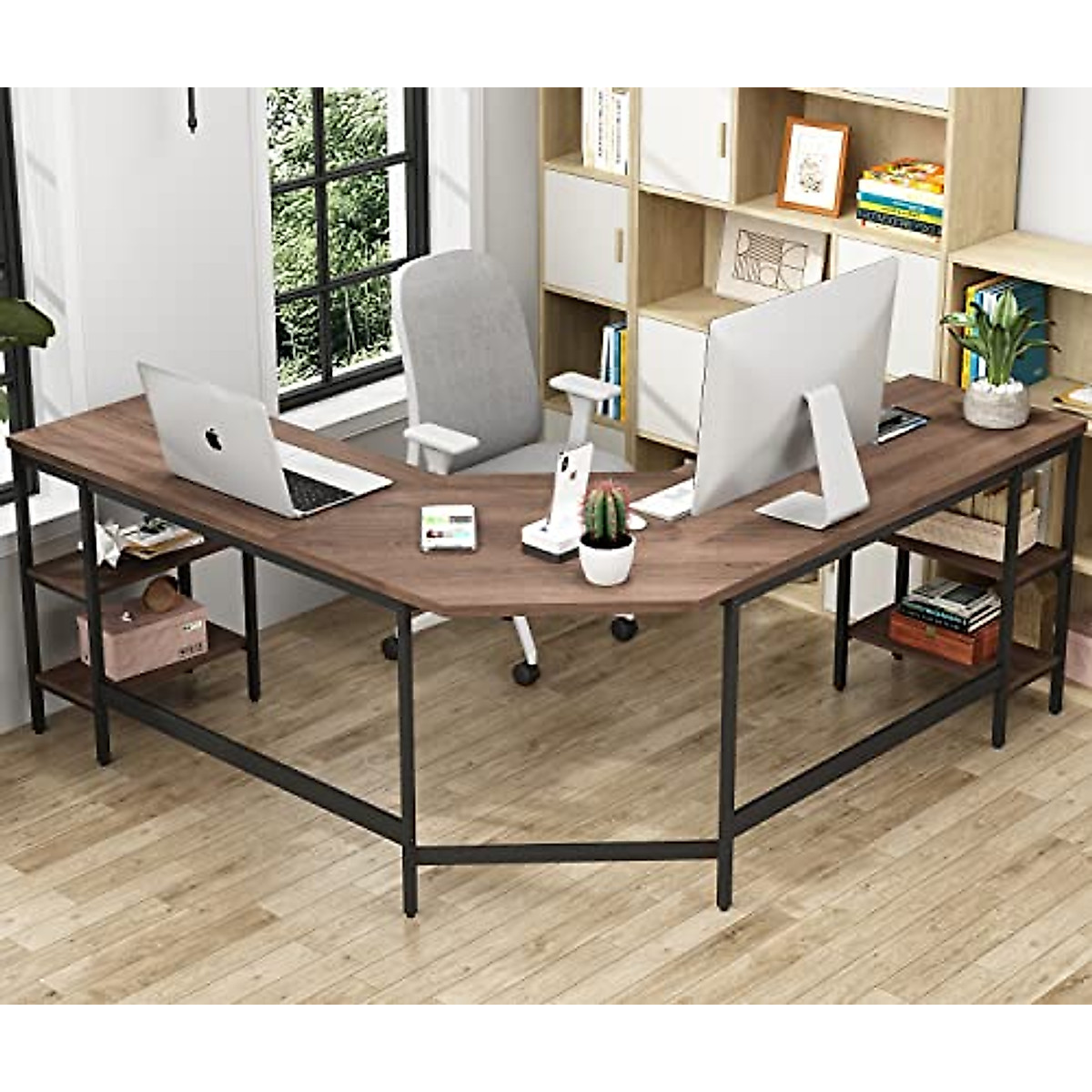 Yongchuang L Shaped Desk with Storage, Large Home Office L-Shaped Computer Desk with Shelves Reversible Corner Desk 69" Writing Table Workstation Industrial Study Desk Brown Wood Top