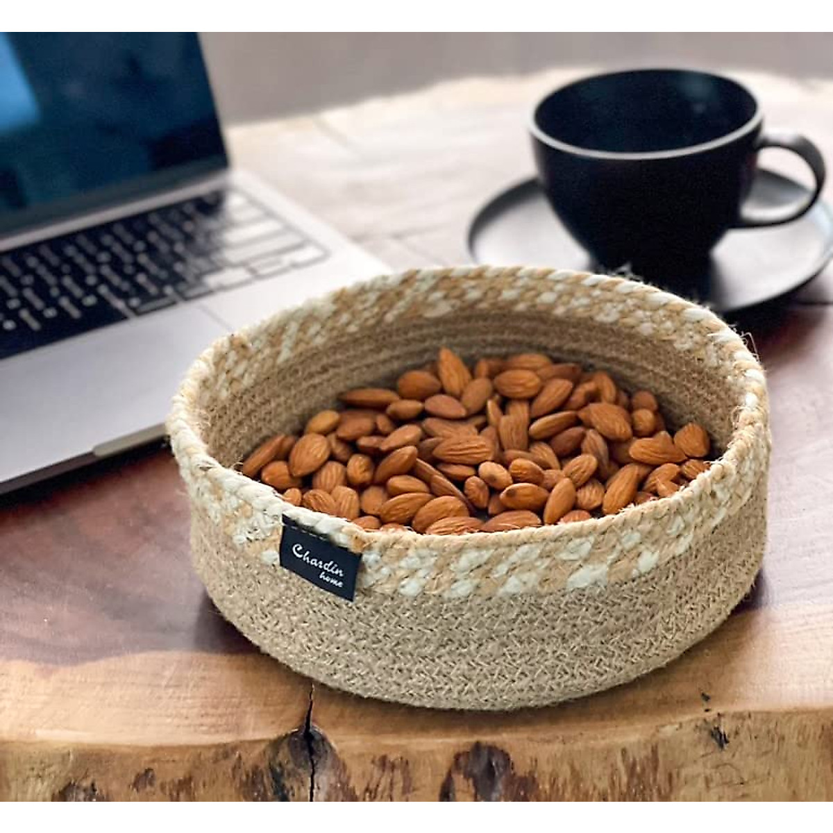 CHARDIN HOME Jute Rope Decor Baskets - SET OF 3 collapsible baskets, (8, 10,12 Inch Diameter, 4 Inch height) for kitchens, desks, dressers. Also great for multi-purpose storage.