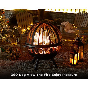 PaPaJet 35 inch Flaming Ball Fire Pit for Outside, Bonfire Wood Burning Fire Pit with Spark Screen, Tree Pattern for Patio Backyard Garden