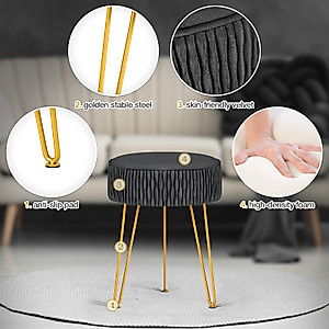 MOOWIND Vanity Stool for Makeup Room Bedroom, Modern Multifunctional Vanity Stools Chair Round Ottoman Velvet Upholstered Seated Foot Rest Dressing Stool with Golden Leg, Side Table End Table,Black