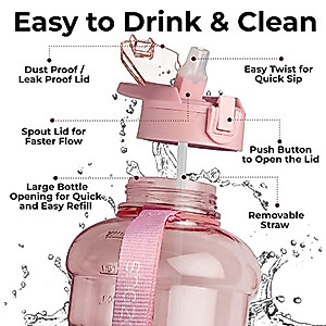 Half Gallon 2.2L Water Bottle With Straw 74oz Large Gym Water Bottle With Storage Sleeve, Bottle Brush, BuiltIn Wallet, Pockets for Phone & AirPod, BPA Free Big Sports Water Jug w/Carry Handle, Pink