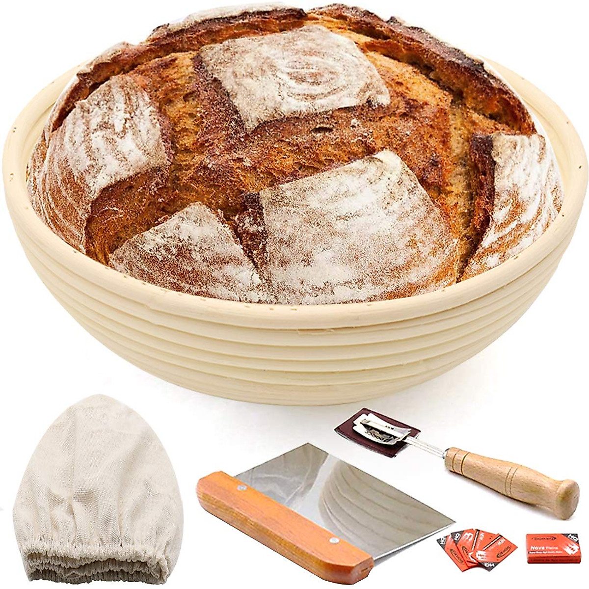 10" Round Bread Banneton Proofing Basket for Sourdough, Rising Dough Baking Bowl Kit, Gifts for Artisan Bread Making Starter, Includes Linen Liner, Metal Dough Scraper, Scoring Lame & Case, 5 Blades