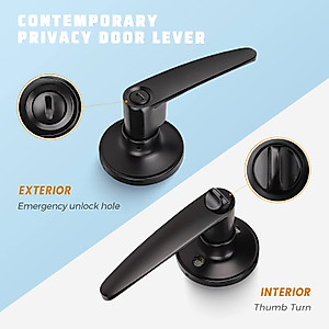 KNOBWELL 6 Pack Door Handles Black Inside Bedroom Door Knobs with Straight Lever, Interior Door Handle for Privacy Use(Lock with NO Key)