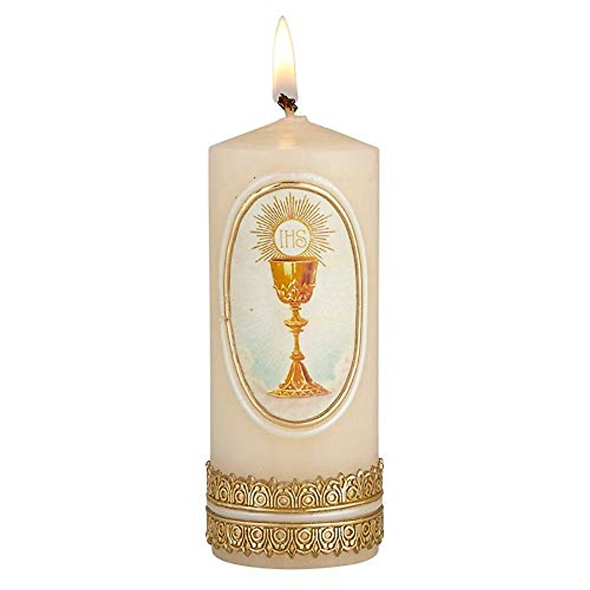 First Communion Candle with Chalice and Host Decoration, Keepsake Gift for Girls and Boys, 4 3/4 x 2 Inches