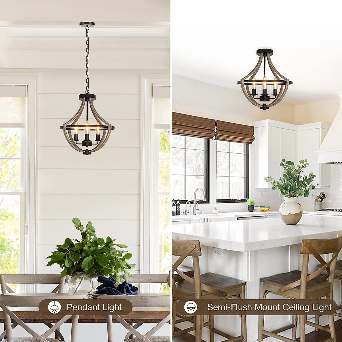 16.5" Farmhouse Light Fixtures Chandelier, 4-Light Rustic Flush Mount Ceiling Light, Modern Faux Wood Light Fixture for Dining Room Kitchen Foyer Hallway Entryway Bedroom Closet