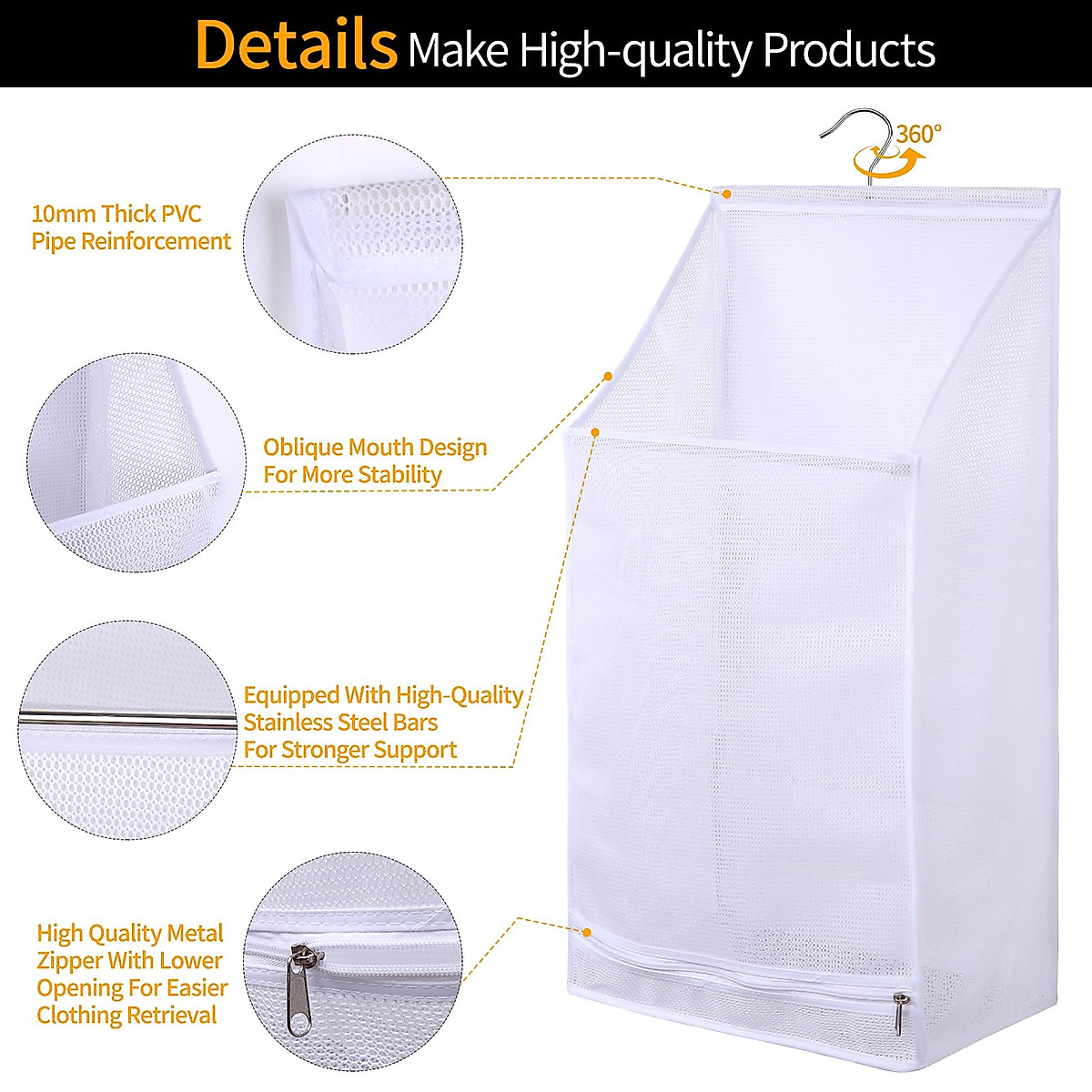Hanging Collapsible Breathable Mesh laundry bags,Fast Drying Portable Space Saving Laundry Hamper for dorm,Rv Laundry Hamper Storage (White)