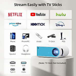 Mini Projector, Nasin Video Projector 1080P Supported Portable Outdoor Movie Projector Home Theater Projector Compatible with TV Stick/iOS/Android Phone/Laptop, HDMI/USB