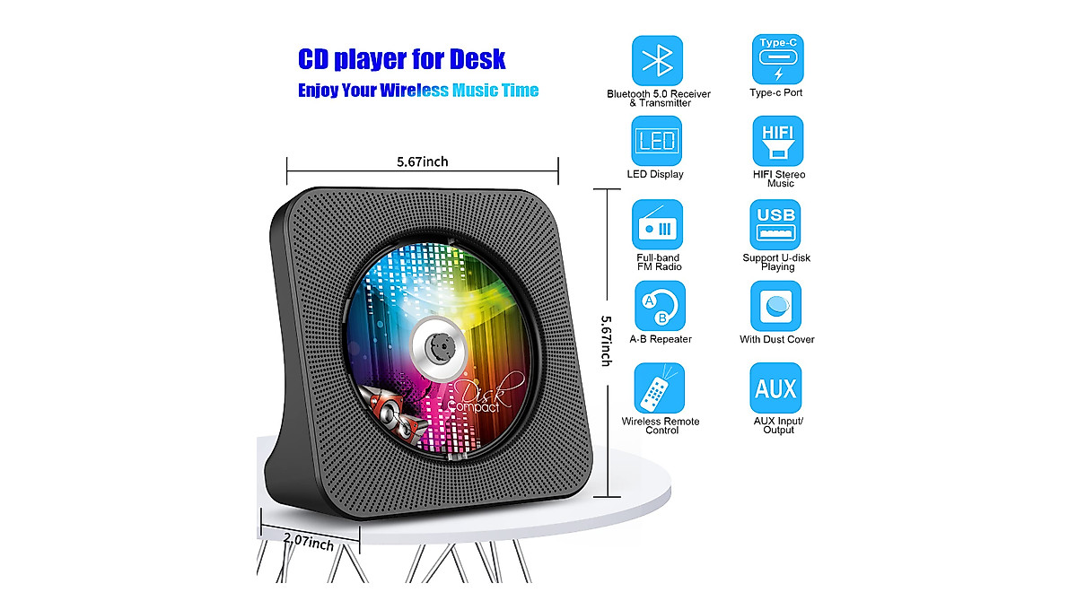 Gueray Portable CD Player with Bluetooth, HiFi Sound & Remote Control