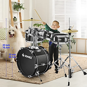 Kid Drum Sets-Donner 5-Piece for Beginners, 14 inch Full Size Complete Junior Drum Kit with Adjustable Throne, Cymbal, Hi-Hat, Pedal & Drumstick, Metallic Black