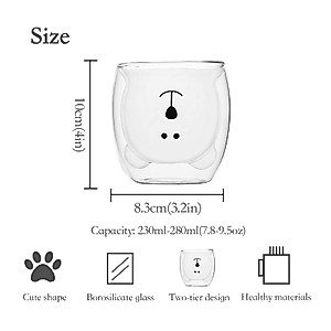 SHENDONG Cute Bear Cups Cute Mugs Bear Tea Coffee Cup Double Wall Insulated Glass Espresso Cups Glass 8.5oz Milk Cup Gift for Personal Birthday Valentine's Day and Office (White Happy Bear)