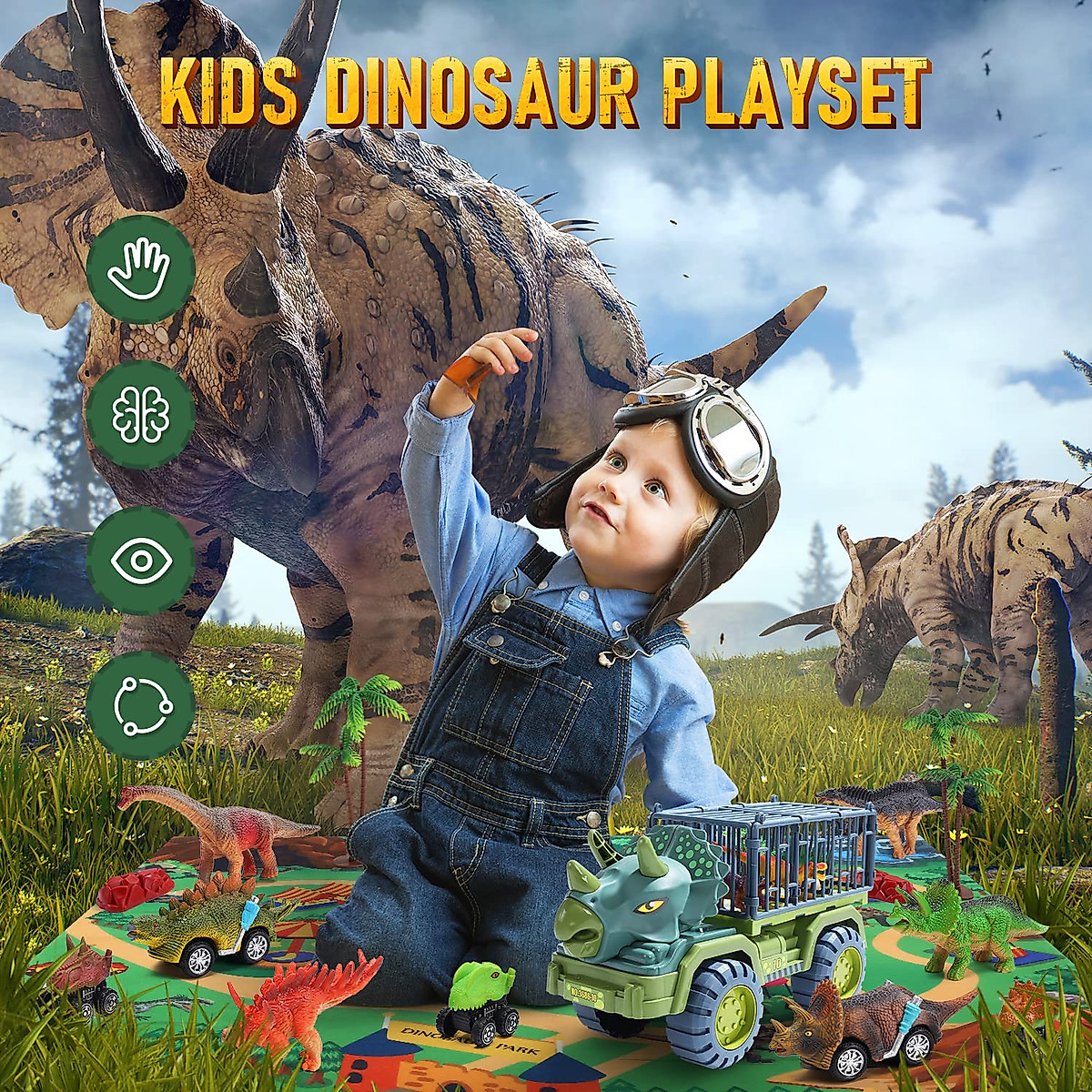 CUTE STONE Dinosaur Truck for Kids 3-5, Dinosaur Transport Truck with Dinosaur Toys and Play Mat, 2 Friction Powered Cars, 4 Pull Back Dinosaur Cars, Dino Car Playset for Boys