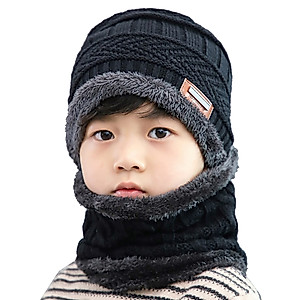 Kids Winter Warm Hat Circle Scarf 2Pcs Soft Warm Fleece Lining Beanie Slouchy Skull Cap for Boys Girls 5-14 Years Black