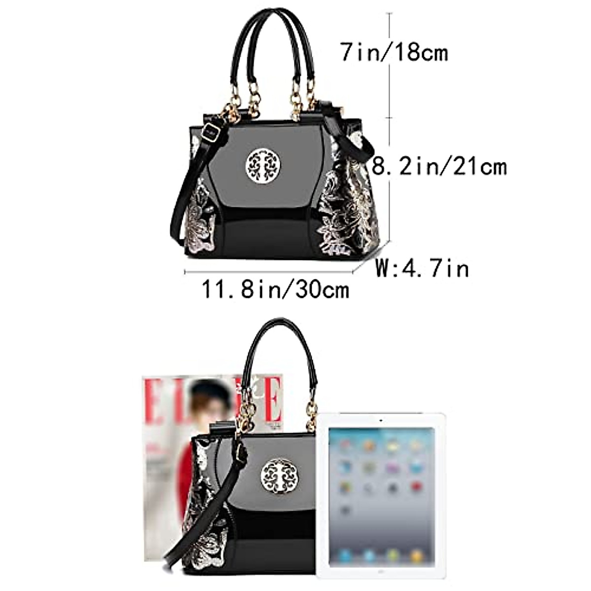SMALLBLUER Women Patent Leather Tote Crossbody Bag Retro Pattern Shoulder Bags Satchel-Black